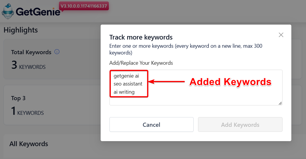 Finding Tracked Keywords- Genie SEO
